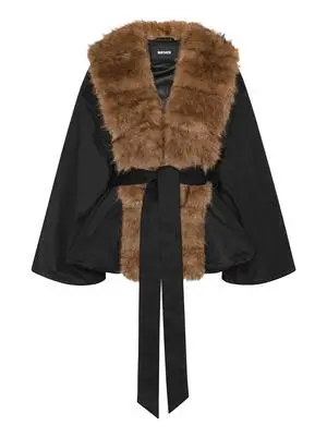 ROTATE BY BIRGER CHRISTENSEN Jacket With Faux Fur Collar And Belt - Black