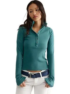 Free People We The Free Ribbed Henley Top With Classic Collar - Pineblossom