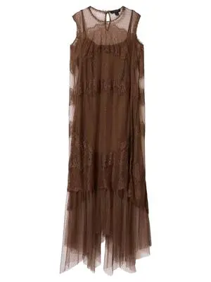 ALLSAINTS Clara Midi Dress With Tulle And Lace Trim - Brown