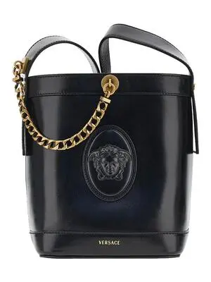 Versace Medusa Patch Leather Bucket Bag - Black