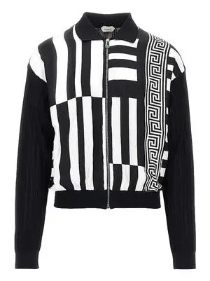 Versace Cardigan With Sylvester Print And Ribbed Knitting - Black