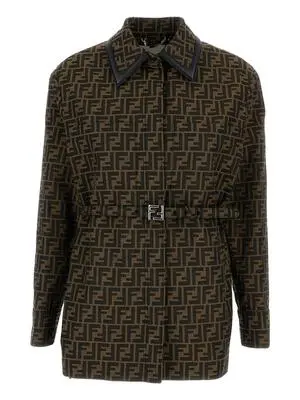 Fendi Ff Canvas Jacket With Leather Inserts And Removable Belt - Multicolor