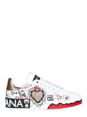 Dolce & Gabbana White Hand-painted Leather Portofino Low-top Sneakers - Multicolor