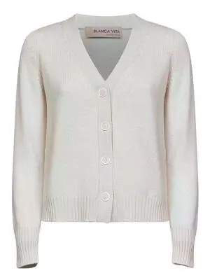 BLANCA VITA V-neck Virgin Wool Cardigan - Neutrals