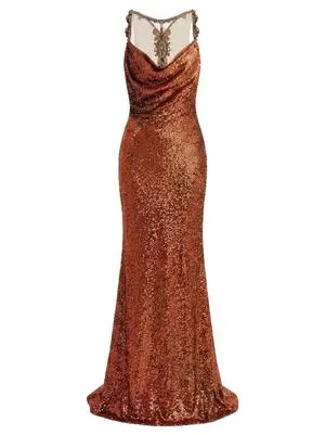 GEMY MAALOUF Sequined Cowl Neck Gown With Beaded Straps - Orange
