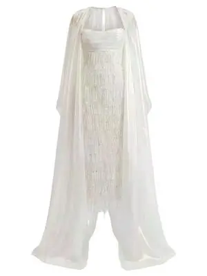 GEMY MAALOUF Embellished Tasselled Cape Gown - White