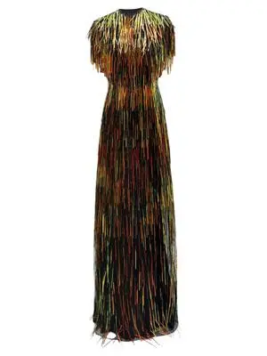 GEMY MAALOUF Embellished Beaded Fringe Gown - Black