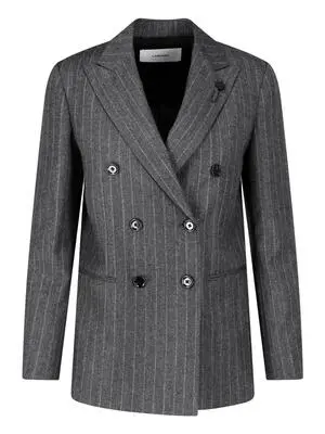 LARDINI Virgin Wool & Metal Detail Double Breasted Blazer With Pinstripes - Grey