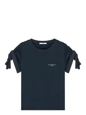 Givenchy Cotton Crewneck T-shirt With Embroidered Logo And Bow Detail Sleeves - Blu