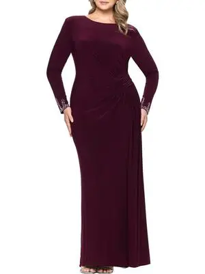 Betsy & Adam Embellished Long Sleeve Gown - Wine