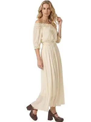 MODENAIRE Off-shoulder Crochet Top And Maxi Skirt Set - Beige