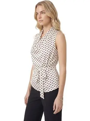 MODENAIRE Sleeveless Polka Dot Drape Neck Blouse - White