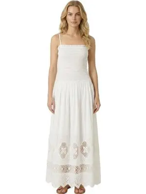 MODENAIRE Smocked Bodice Maxi Dress With Eyelet Lace Hem - White