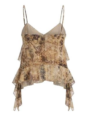 MODENAIRE Ruffled Lightweight Layered Hem Spaghetti Strap Top - Brown