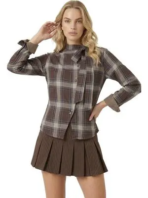 MODENAIRE Plaid Long Sleeve Button Up Blouse With Side Tie Detail - Brown
