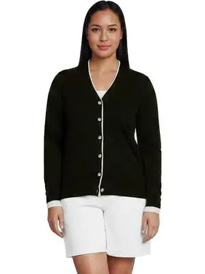 LANDS' END Double Trim Cotton V-Neck Cardigan Sweater Black/white
