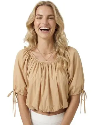 MODENAIRE Puff Sleeve Top With Gathered Neckline - Khaki
