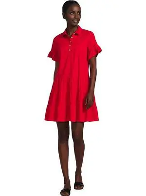 LANDS' END Poplin Flutter Sleeve Knee Length Tiered Dress - Compass Red