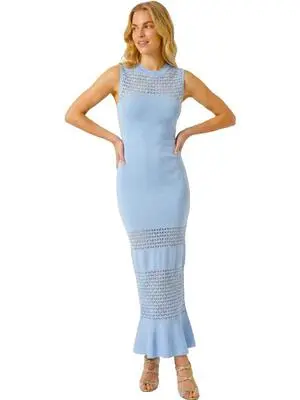 MODENAIRE Sleeveless Knit Dress With Mesh Detail And Flared Hem - Blue