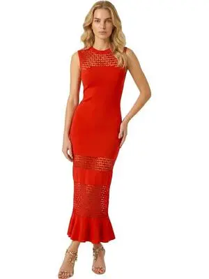 MODENAIRE Sleeveless Knit Dress With Mesh Detail And Flared Hem - Red