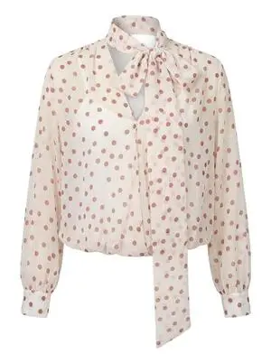 MODENAIRE Polka Dot Tie Neck Long Sleeve Sheer Blouse - Red