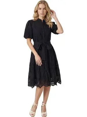 MODENAIRE Lace Trim Puff Sleeve Midi Dress With Waist Tie - Black