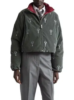 Thom Browne Cropped Lobster Stitch Corduroy Reversible Down Jacket - Medium Grey