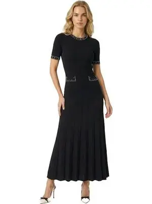 MODENAIRE Pearl Embellished Fitted Waist Pleated Midi Knit Dress - Black