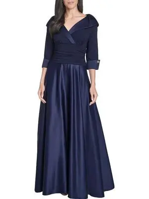 JESSICA HOWARD Portrait Collar Mixed Media Ballgown - Navy