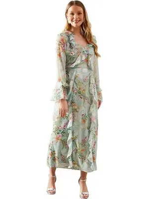 WALLIS Floral Ruffle Belted Midaxi Dress - Sage
