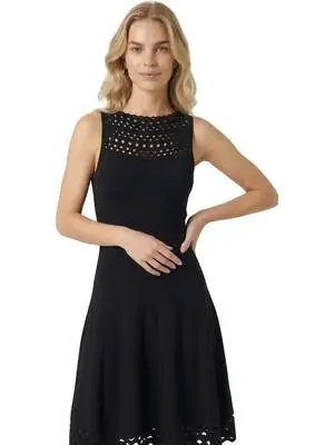 MODENAIRE Sleeveless High Neck Eyelet Midi Dress - Black