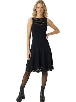 MODENAIRE Sleeveless High Neck Eyelet Midi Dress - Black
