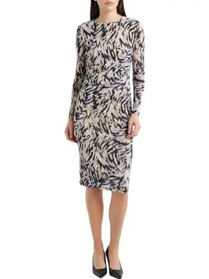 Anne Klein Ruched Mesh Midi Dress With Dynamic Print - Dutch Blue Multi