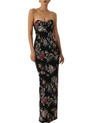 SAU LEE Strapless Floral Jacquard Cotton Blend Column Gown - Black Multi