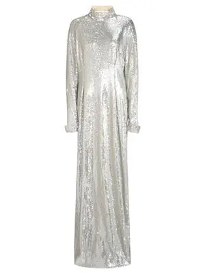 Givenchy Long Sleeve Sequin Gown - Silver