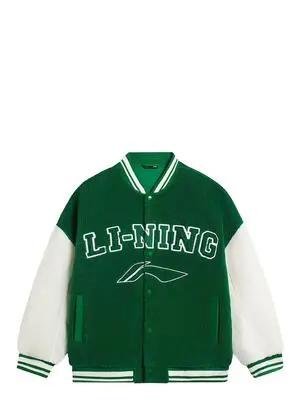 LI-NING Logo Polar Fleece Baseball Jacket - Green/beige