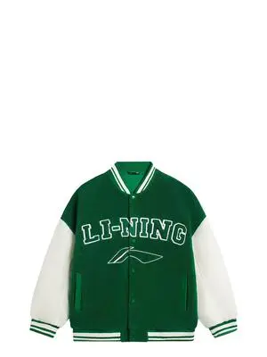 LI-NING Logo Polar Fleece Baseball Jacket - Green/beige