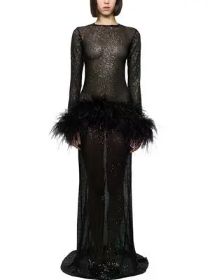 ATU BODY COUTURE Atu Body Couture Sequin-Embellished Feather-Trim Maxi Dress