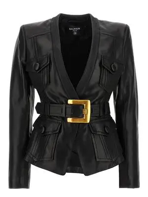Balmain Leather Belted V-neck Flared Jacket - Black