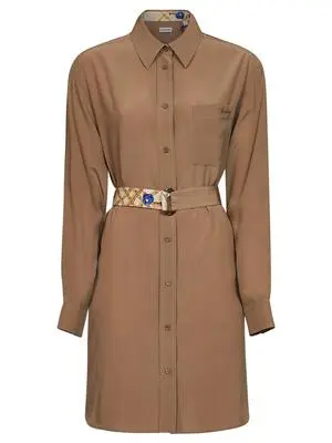 Burberry Camel Silk Belted Shirt Dress - Multicolor