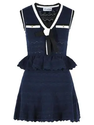SELF-PORTRAIT Navy Cotton Blend Openwork Knit Mini Dress - Blue