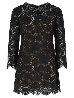 SELF-PORTRAIT Lace Mini Dress With Embellished Crewneck - Black