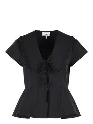 GANNI Cotton Poplin Blouse With Ornate Collar - Black