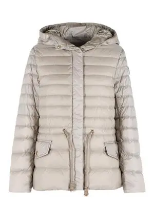 Moncler Down Jacket With Drawstring Hood And Leather Patch - Cream