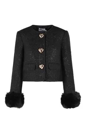 SELF-PORTRAIT Wool Blend Jacket With Heart Button Appliqué And Faux Fur Cuffs - Black
