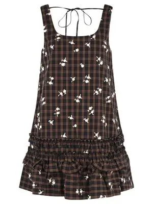 GANNI GANNI Cotton Mini Dress With Floral Embroidery And Ruffles Brown