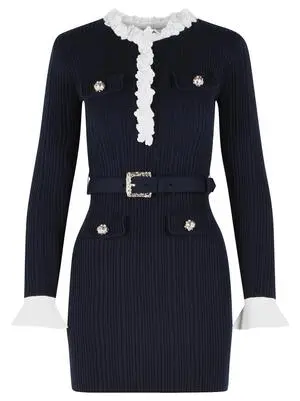 SELF-PORTRAIT Self-Portrait Navy Wool Blend Mini Dress With Floral Appliqué