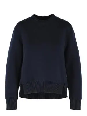 Sacai White Cotton Blend Fine Knit Crew Neck Sweater With Ribbed Details And Side Slits - Blue