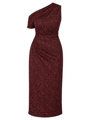 GIRL IN MIND Asymmetrical Neckline Polka Dot Midi Dress - Brown