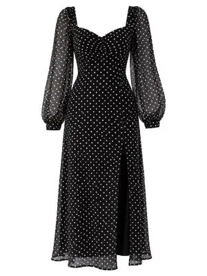 GIRL IN MIND Polka Dot Sweetheart Neck Midi Dress - Brown